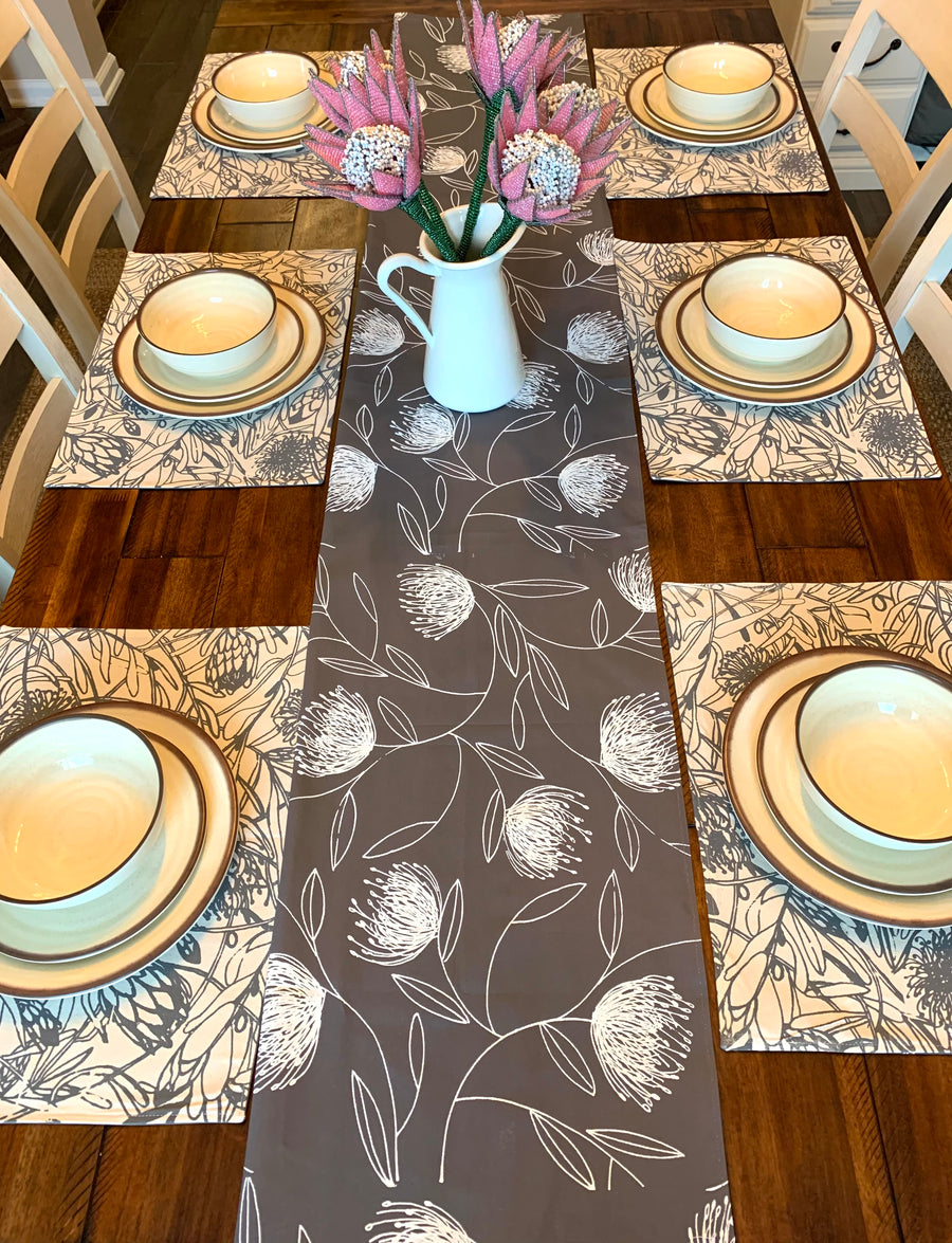 Grey & Neutral Pincushion Protea Table Runner – Ithemba Creations
